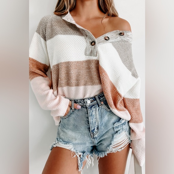 BiBi | Sweaters | Nwt Bibi Striped Color Block Button Knit Sweater ...